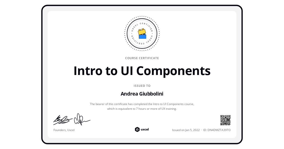 Certificate of completion for UI Components I | Uxcel
